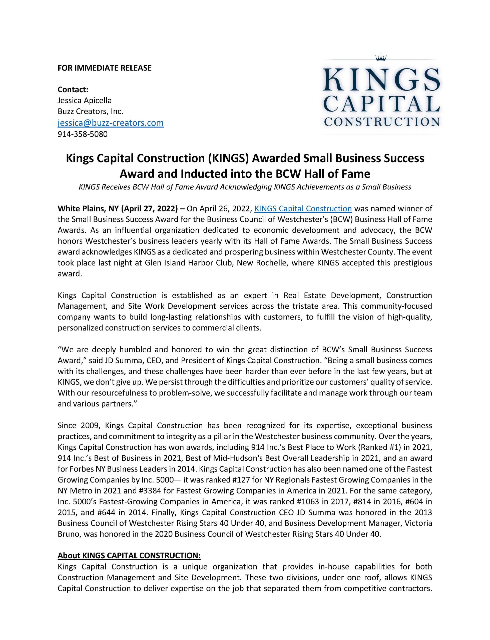 KINGS Named a BCW Hall of Fame Small Business Winner - KINGS Capital ...